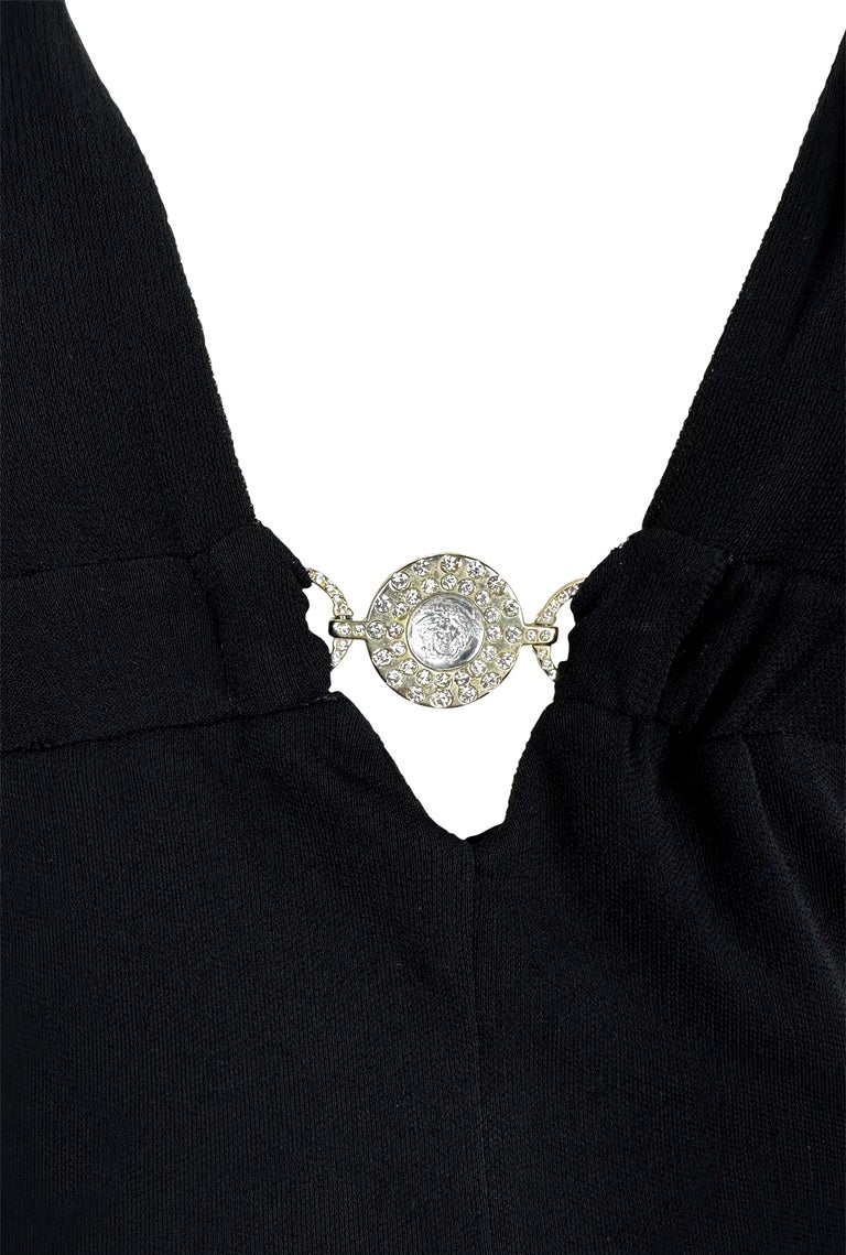 S/S 2007 Versace by Donatella Rhinestone Medusa Black Halter Flare Mini ...