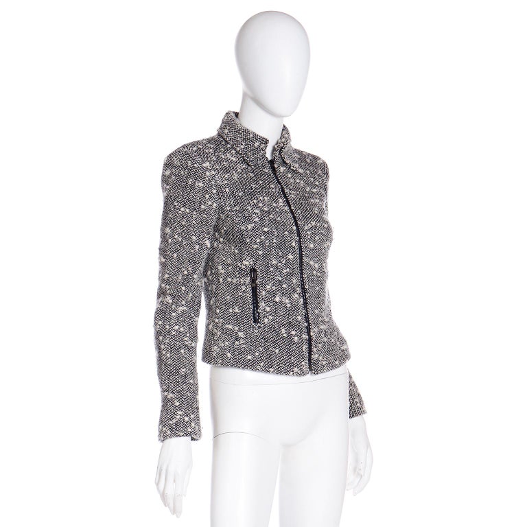 2000s Versace Textured Black and White Boucle Zip Front Jacket For Sale ...