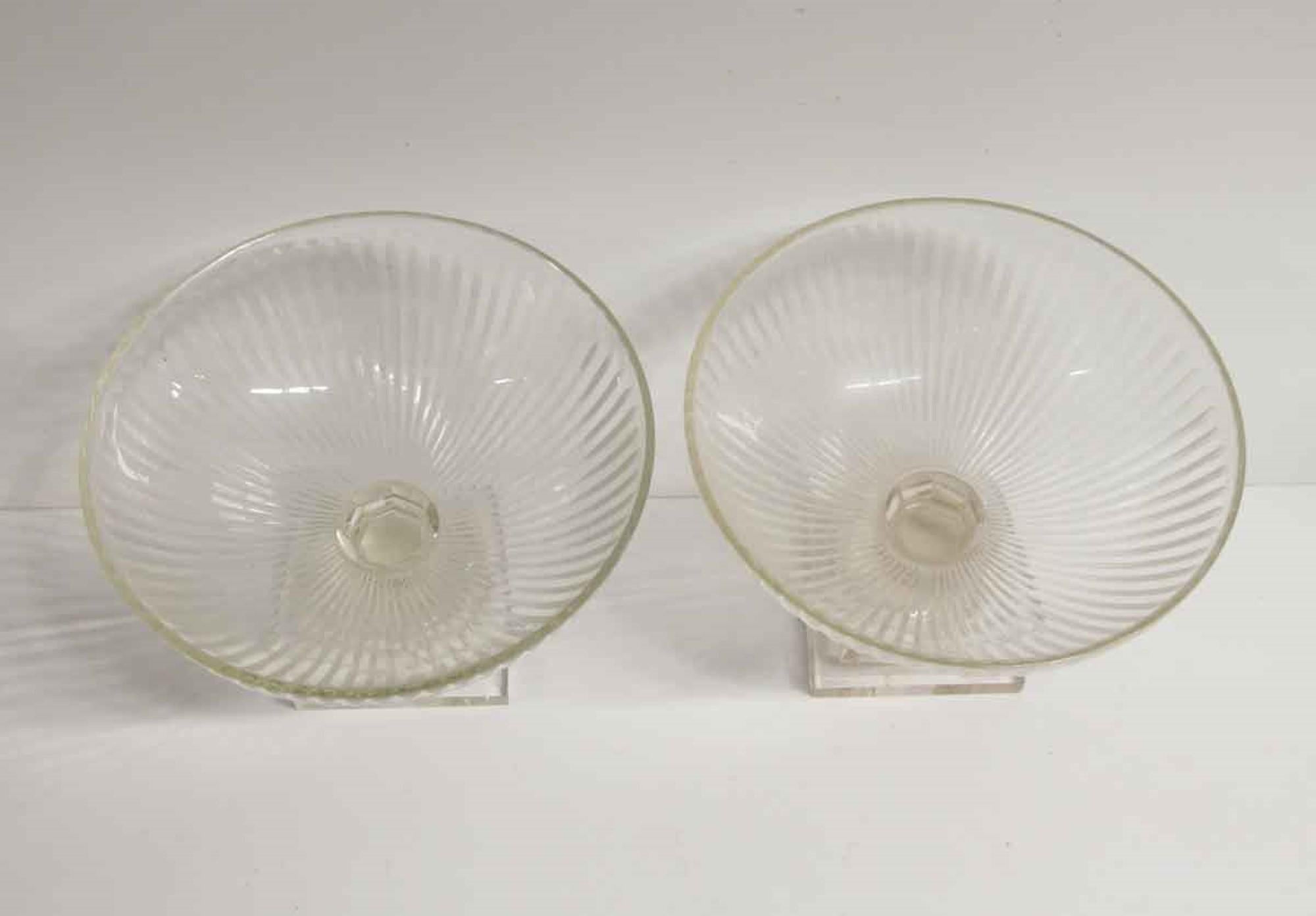Pair Fluted Clear Glass Bowls with 2 Tier Square Base For Sale at 1stDibs