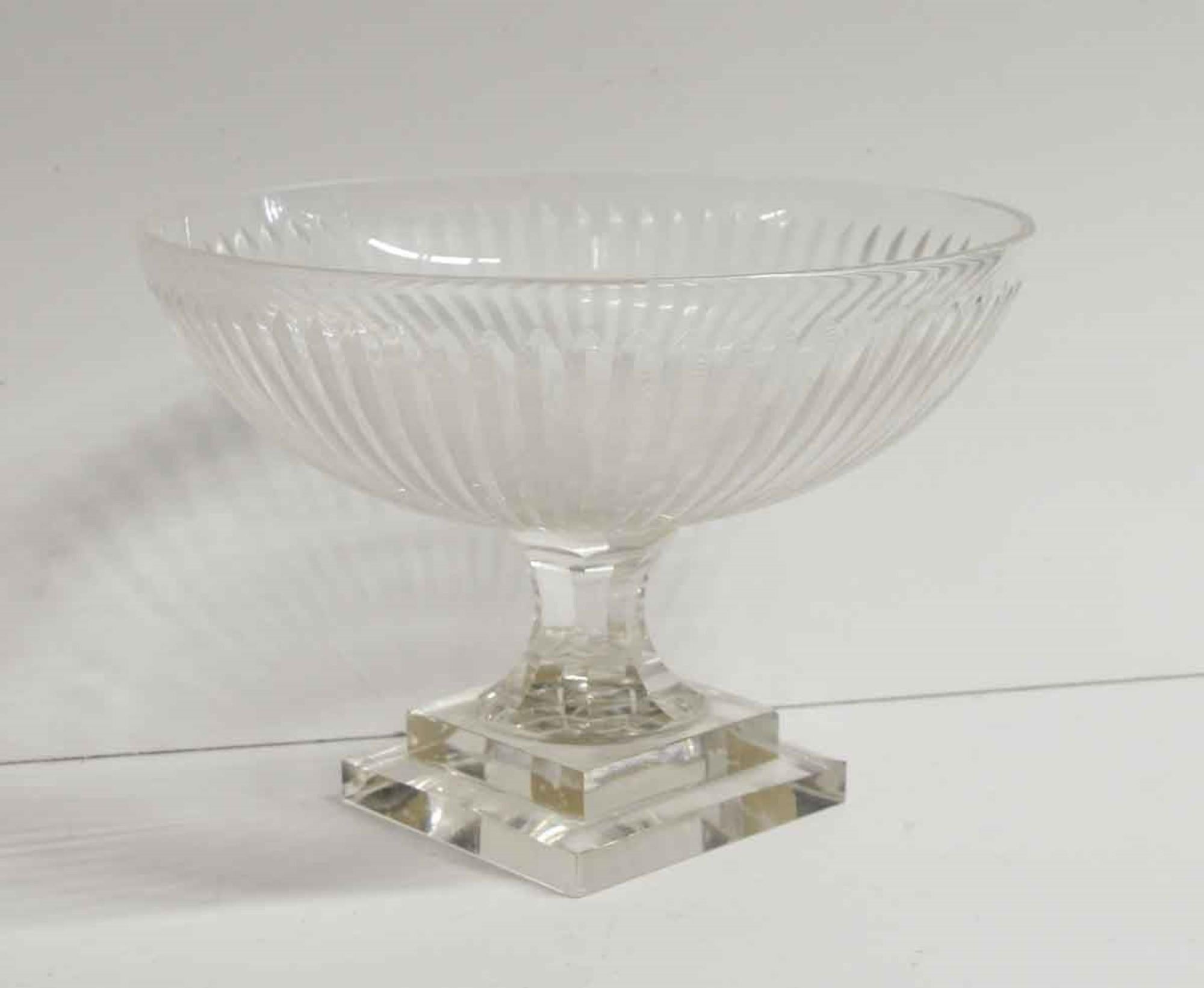 Pair Fluted Clear Glass Bowls with 2 Tier Square Base For Sale at 1stDibs