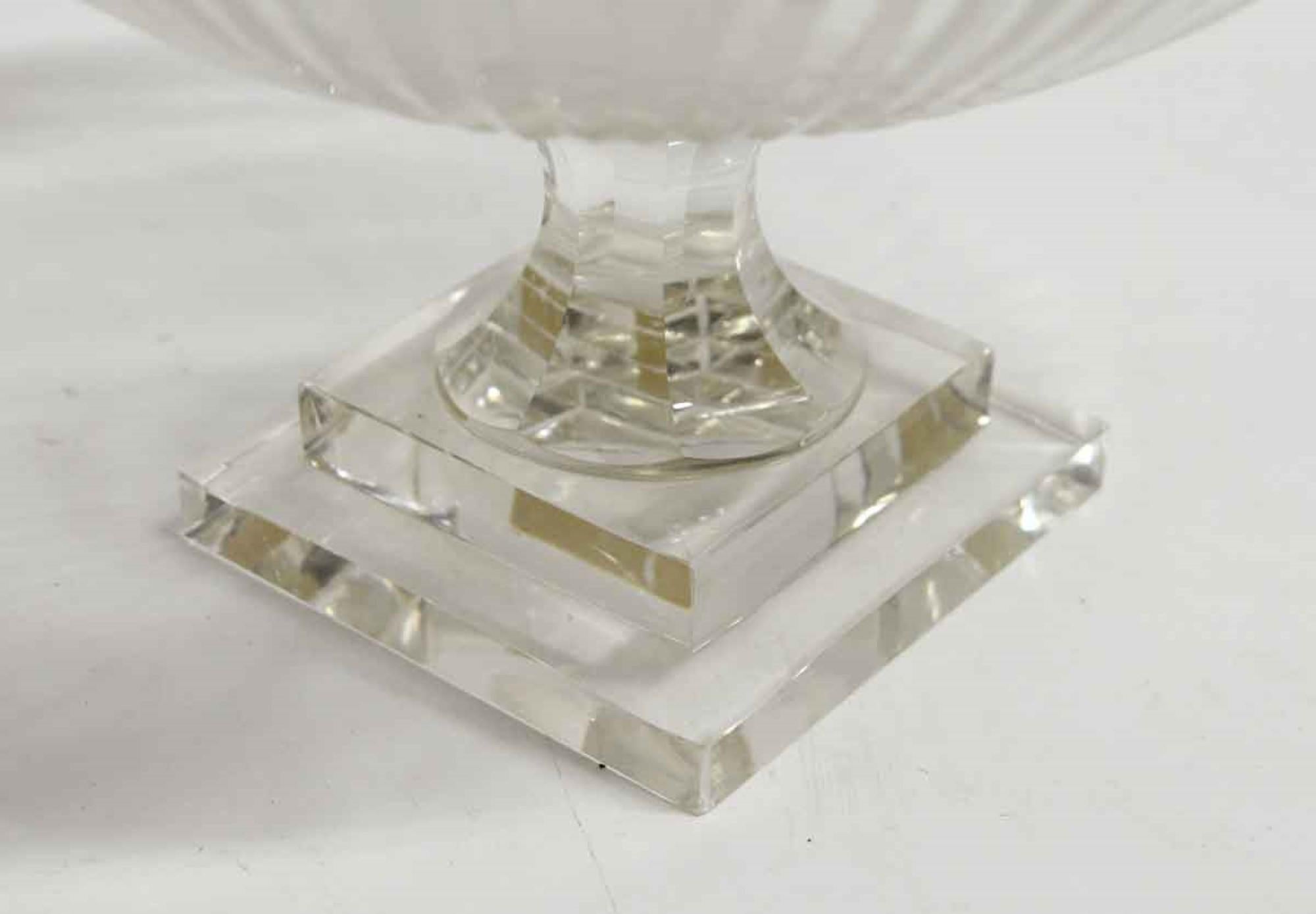 Pair Fluted Clear Glass Bowls with 2 Tier Square Base For Sale at 1stDibs