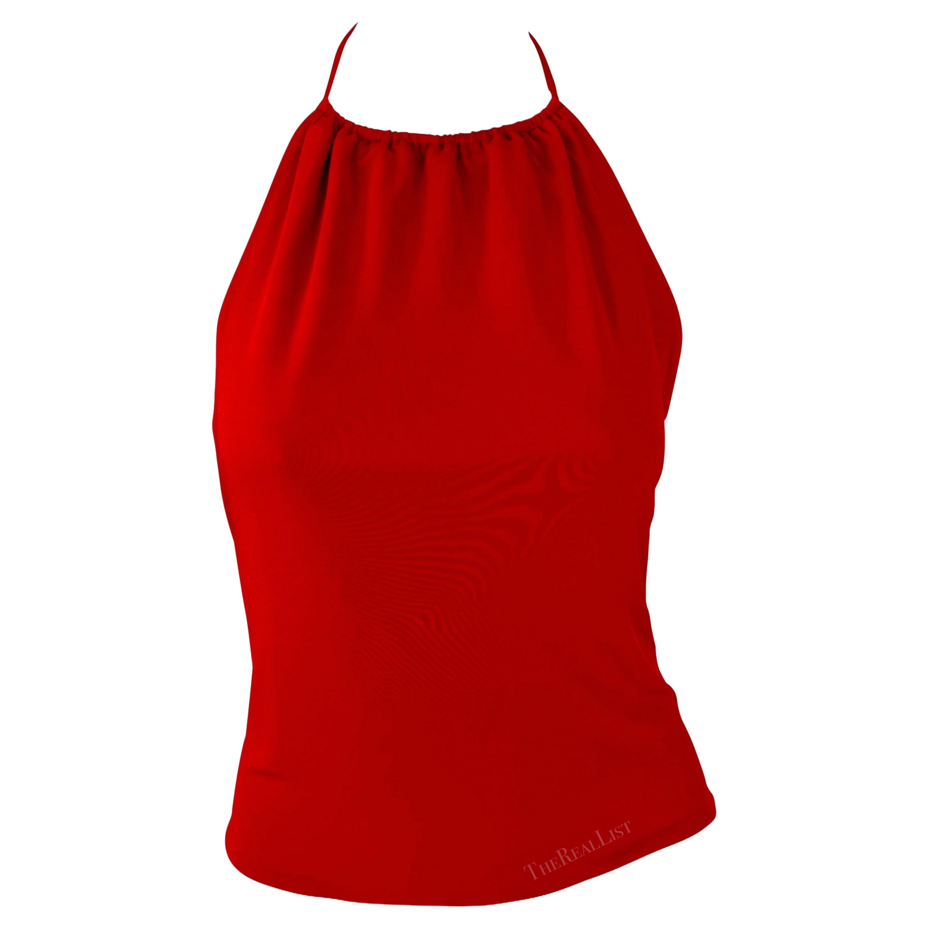 2000s Yigal Azrouël Red Viscose Stretch Backless Halter Crop Top Y2K ...