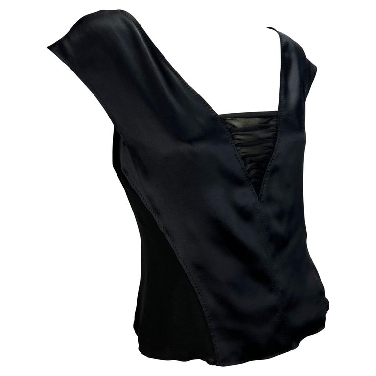 2000s Yves Saint Laurent by Tom Ford Black Satin Panel Sheer Plunging ...