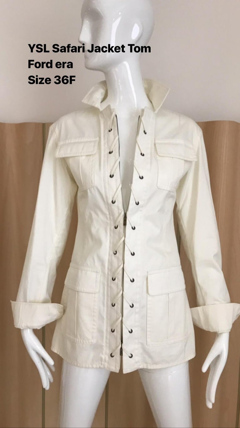 2000s Yves Saint Laurent White Cotton Safari Jacket at 1stDibs