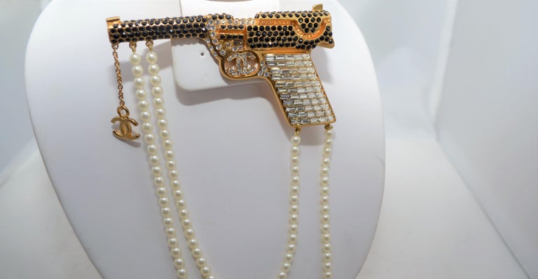 2001 A Chanel Gun Brooch Pin with Rhinestones and Pearls at 1stDibs ...