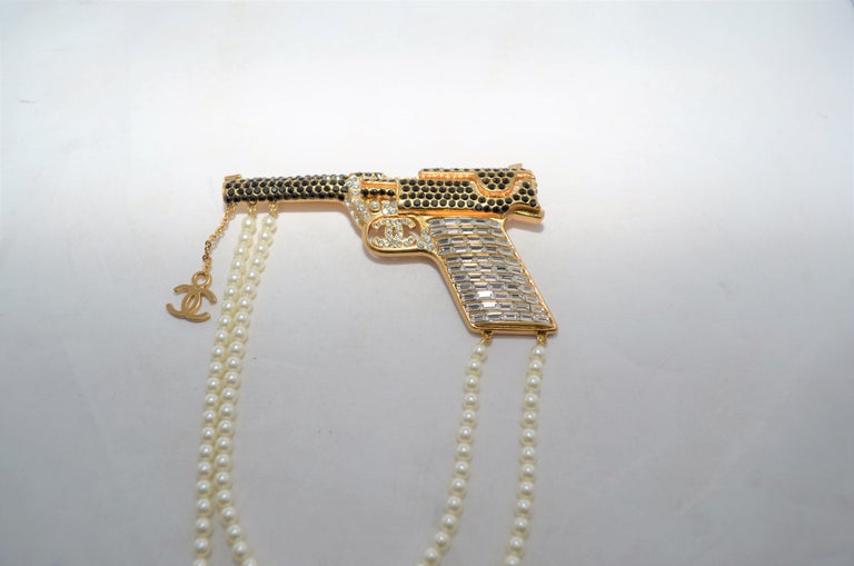 2001 A Chanel Gun Brooch Pin with Rhinestones and Pearls at 1stDibs ...