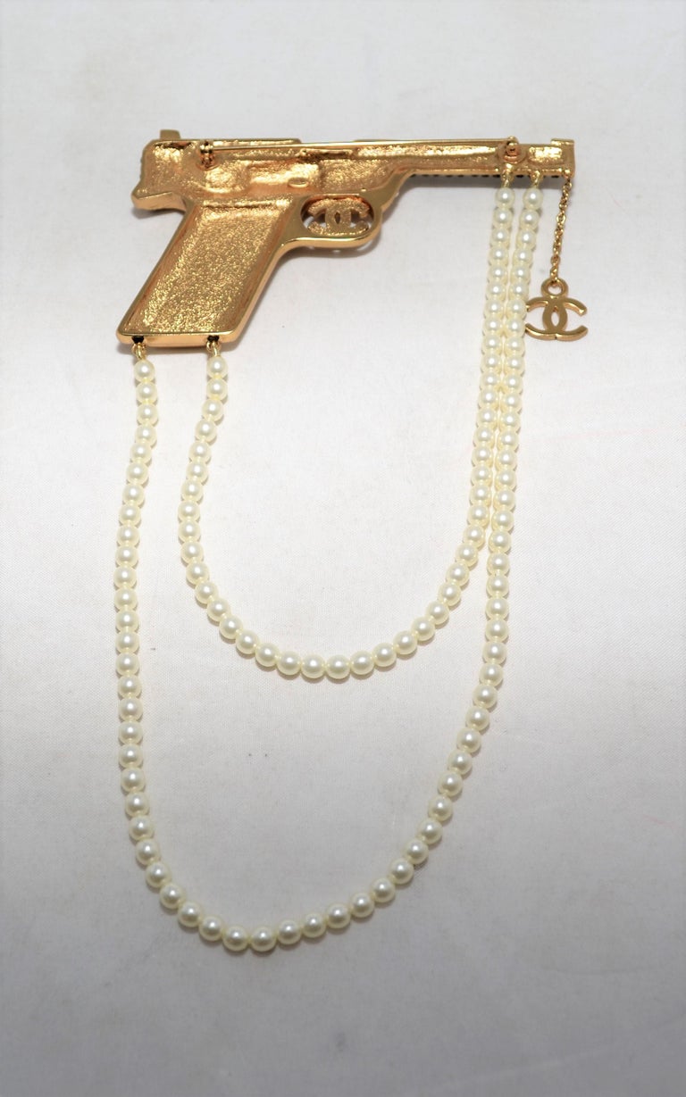 2001 A Chanel Gun Brooch Pin with Rhinestones and Pearls at 1stDibs ...