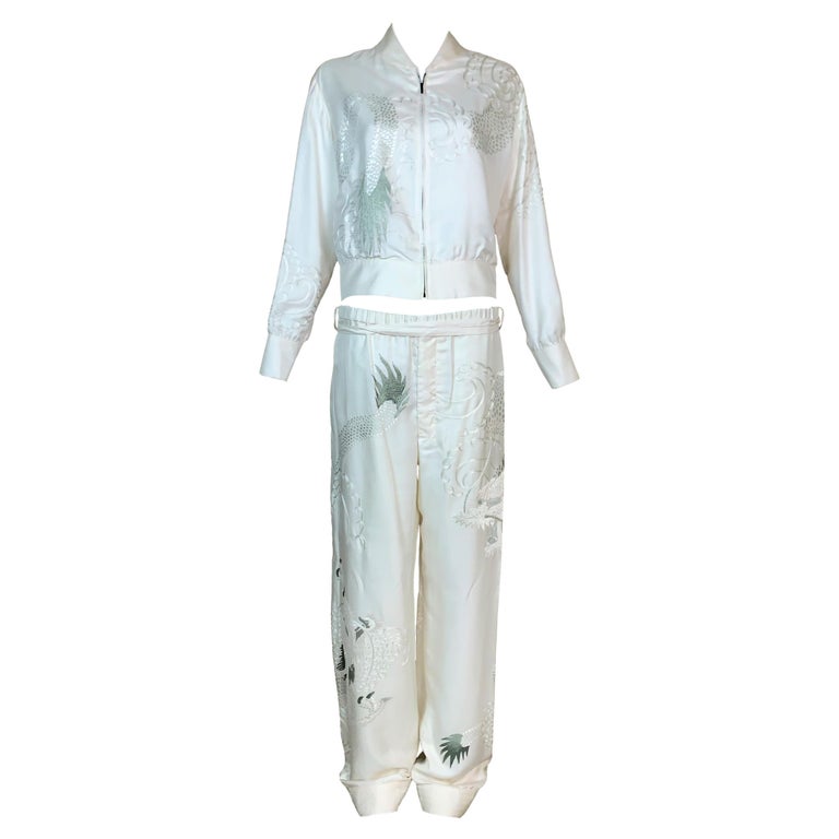 2001 Gucci Tom Ford Ivory Silk Chinese Dragon Embroidered Jacket Pant ...