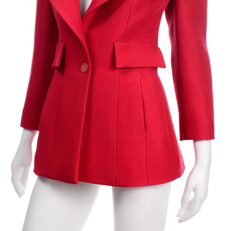 2001 Red Wool Blend Chanel Blazer Jacket W Notch Collar and CC Button ...