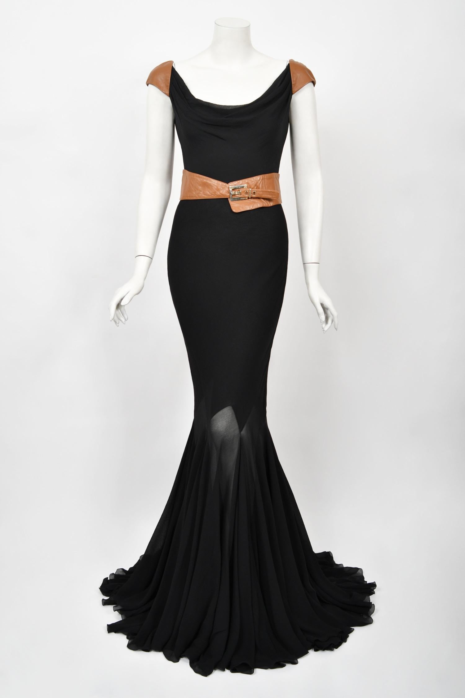 2001 Versace Couture Documented Runway Black Sheer Silk and Leather ...