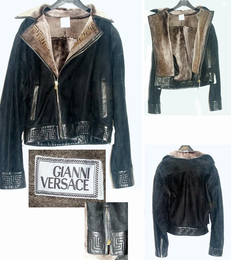 2002 RARE VINTAGE GIANNI VERSACE BLACK SHEARLING LEATHER BIKER JACKET ...