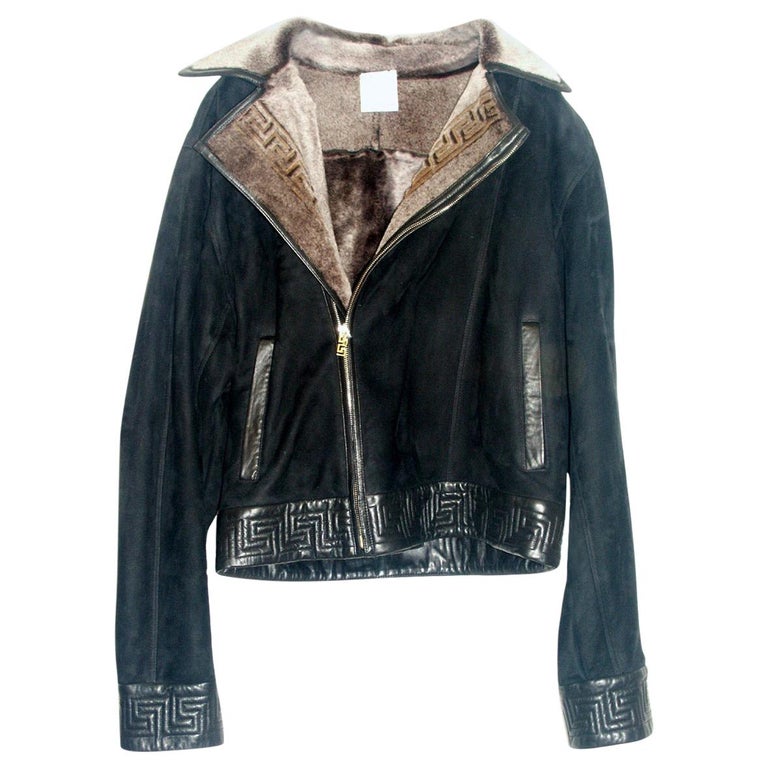 2002 RARE VINTAGE GIANNI VERSACE BLACK SHEARLING LEATHER BIKER JACKET ...