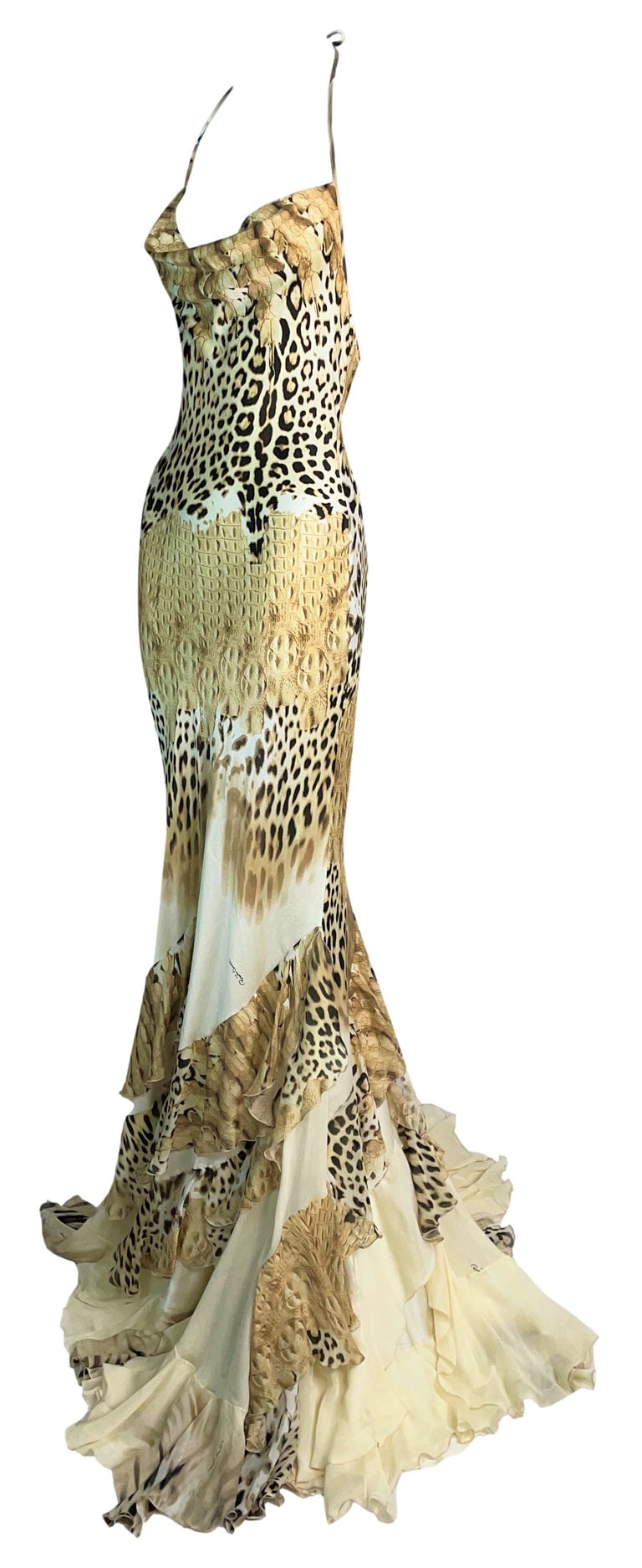 2002 Roberto Cavalli Silk Cheetah and Crocodile Print Ruffles Halter ...