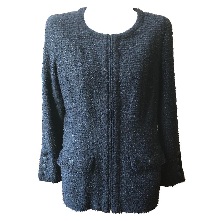 2002 Spring Chanel Cotton Blend Black w/Silver Flecks Boucle Zip Jacket ...
