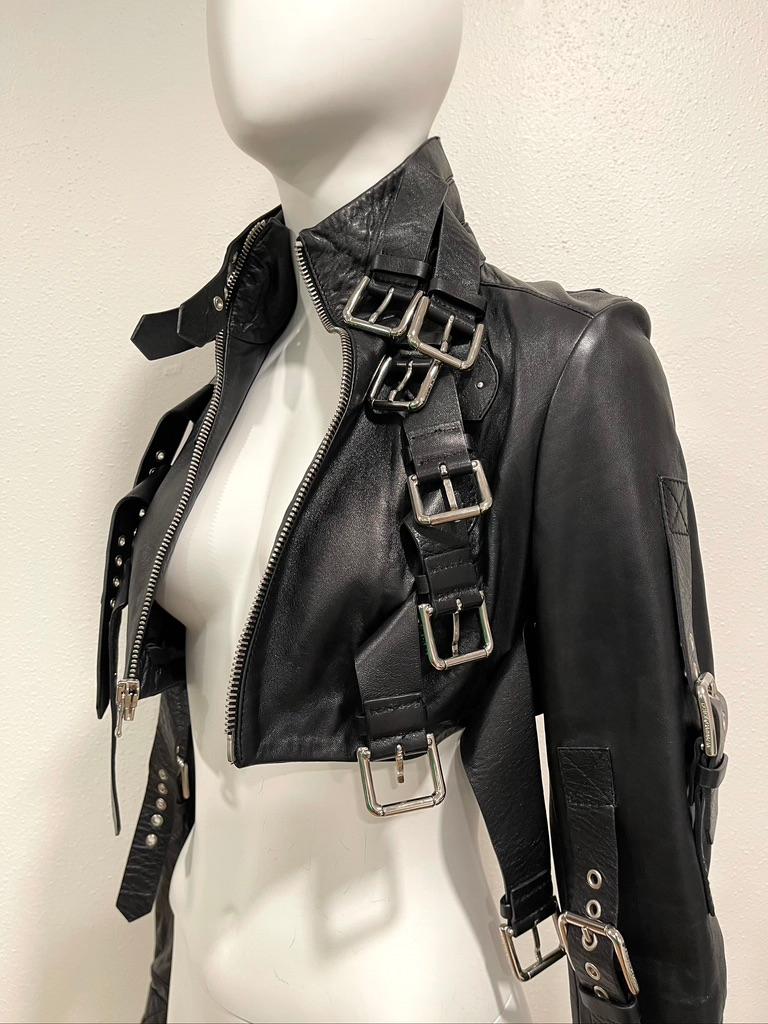 2003 Dolce and Gabbana Black Leather Cropped Buckle Jacket at 1stDibs