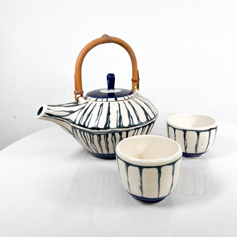 2003 Modern Asian Stripe Tea Pot for Two Set Art Pottery by Lorrie For ...