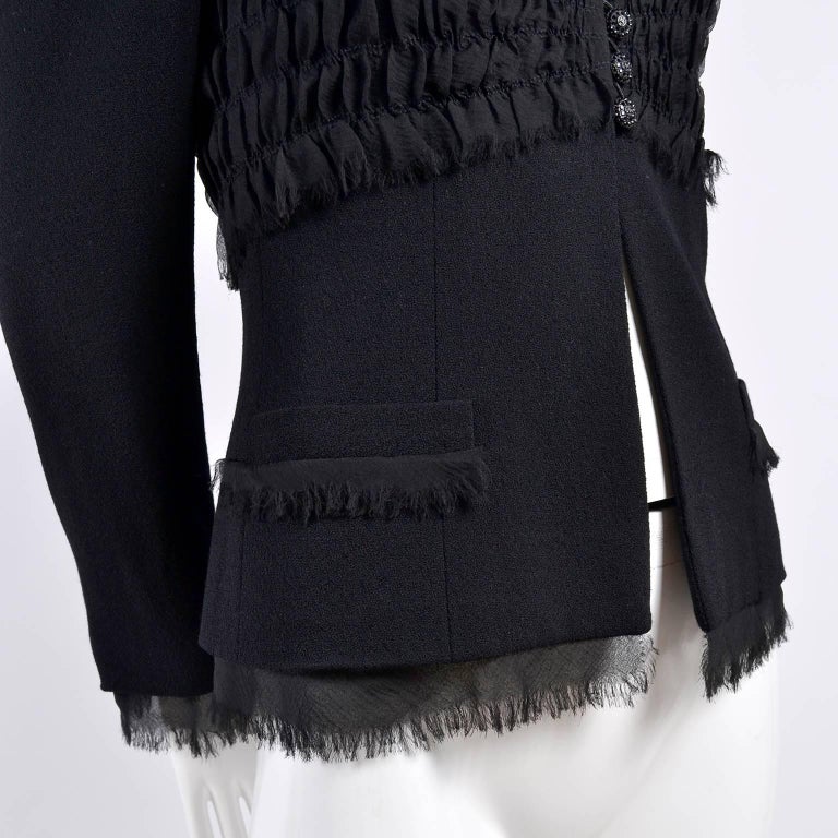 2004 Black Silk and Wool Chanel Jacket Ruching W Frayed Edges New w ...