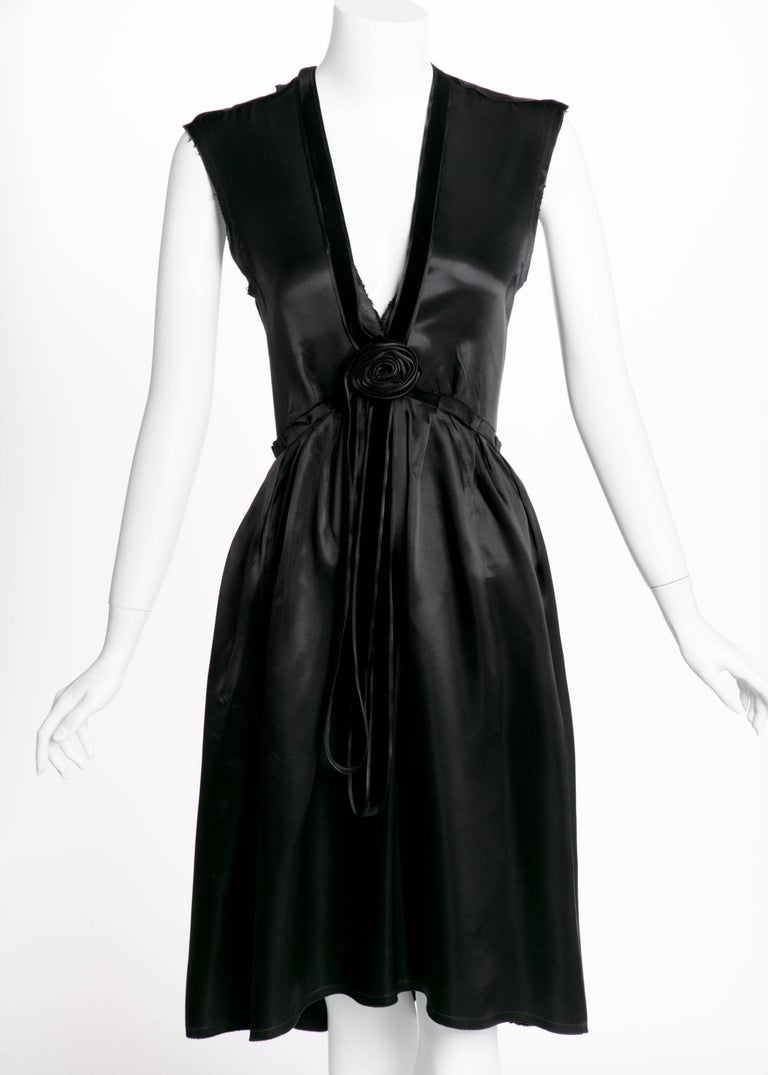 Lanvin Alber Elbaz Plunge Neck Black Satin Velvet Necklace Dress Runway ...