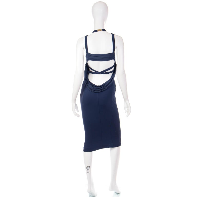 2006 Versace Blue Strappy Keyhole Runway Evening Dress With Cutouts For ...