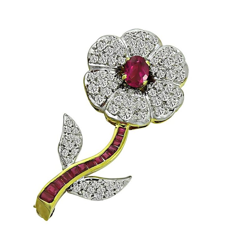 2.00ct Diamond 2.00ct Ruby Gold Flower Pin For Sale at 1stDibs