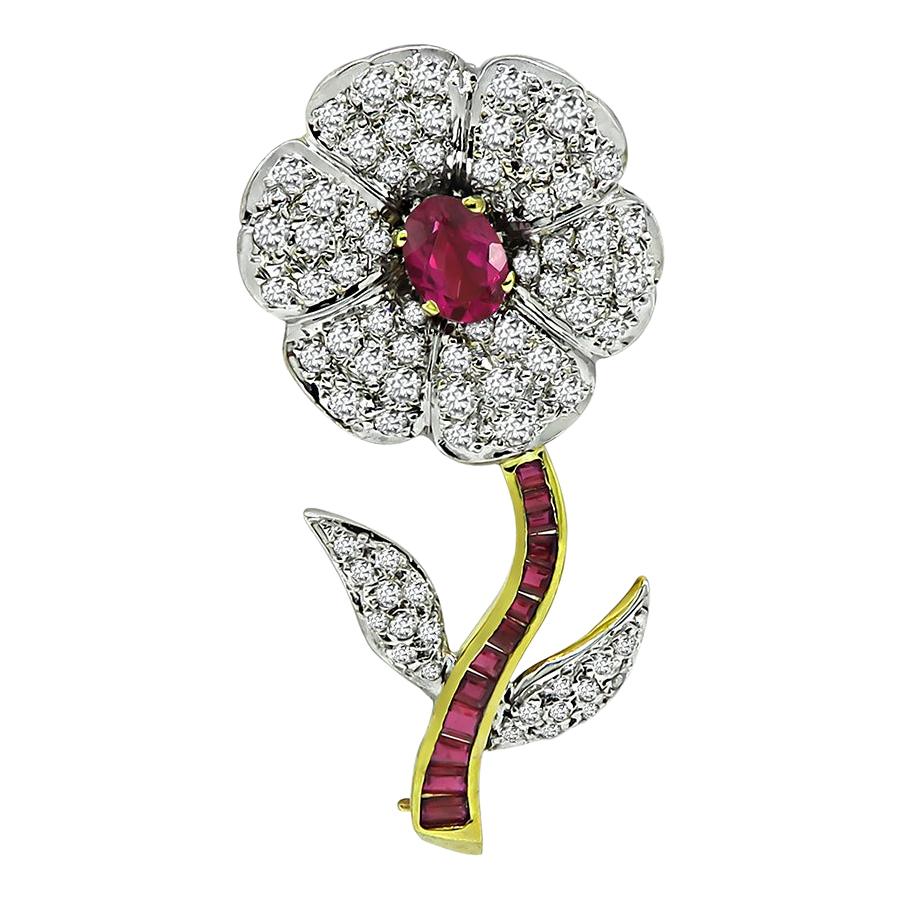 2.00ct Diamond 2.00ct Ruby Gold Flower Pin For Sale at 1stDibs
