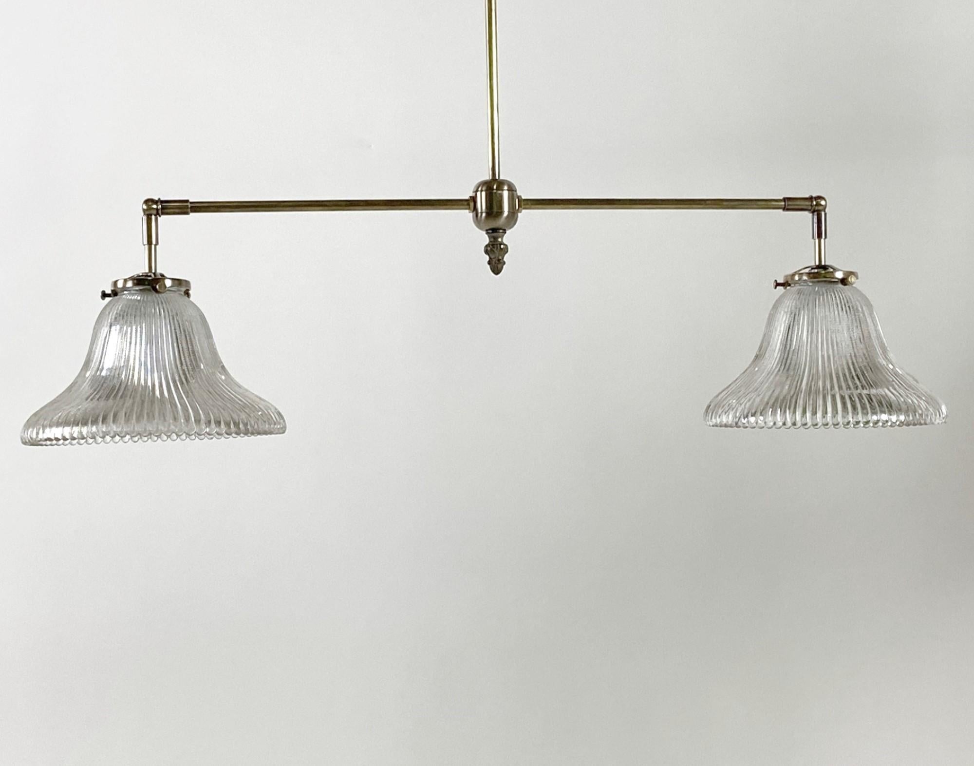 2010s Brass Pendant Light with Double Glass Shades Featuring Prism Pin ...