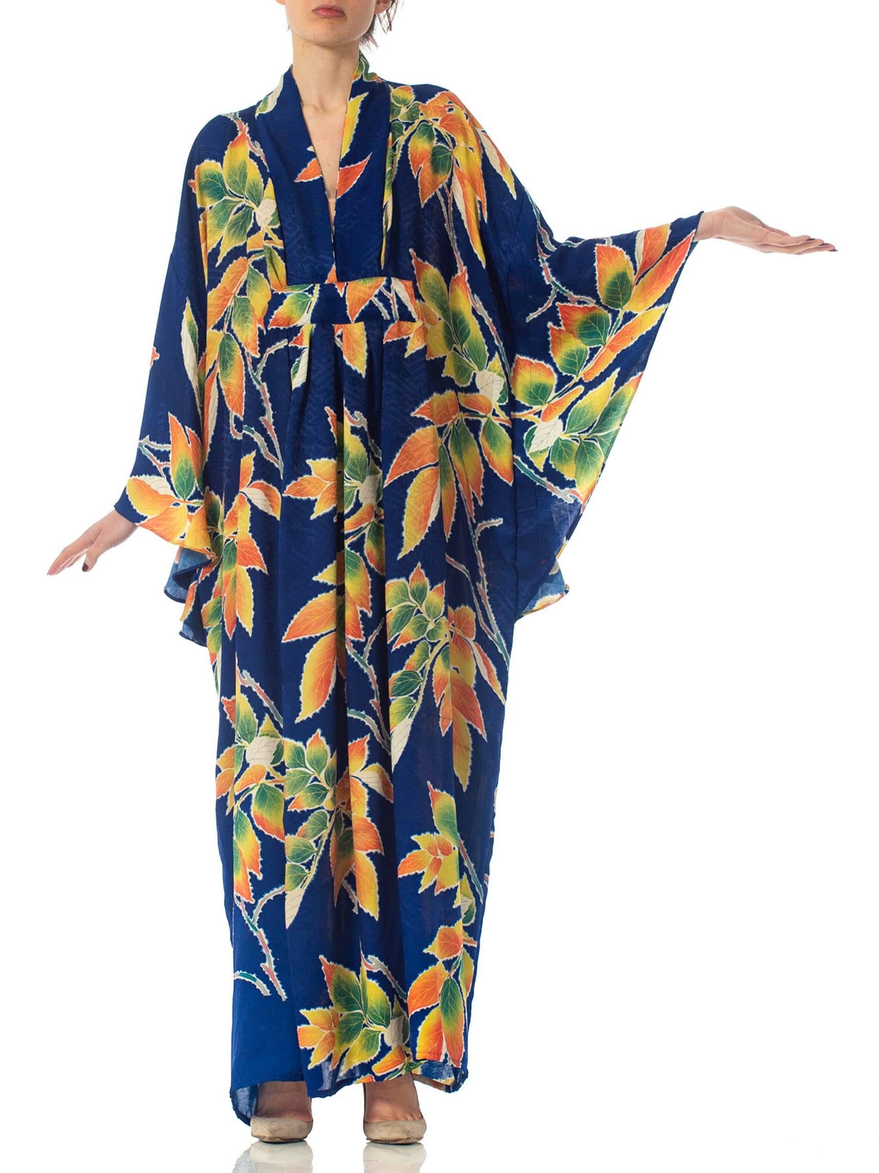 MORPHEW COLLECTION Indigo Blue Tropical Floral Silk Kaftan Made From ...