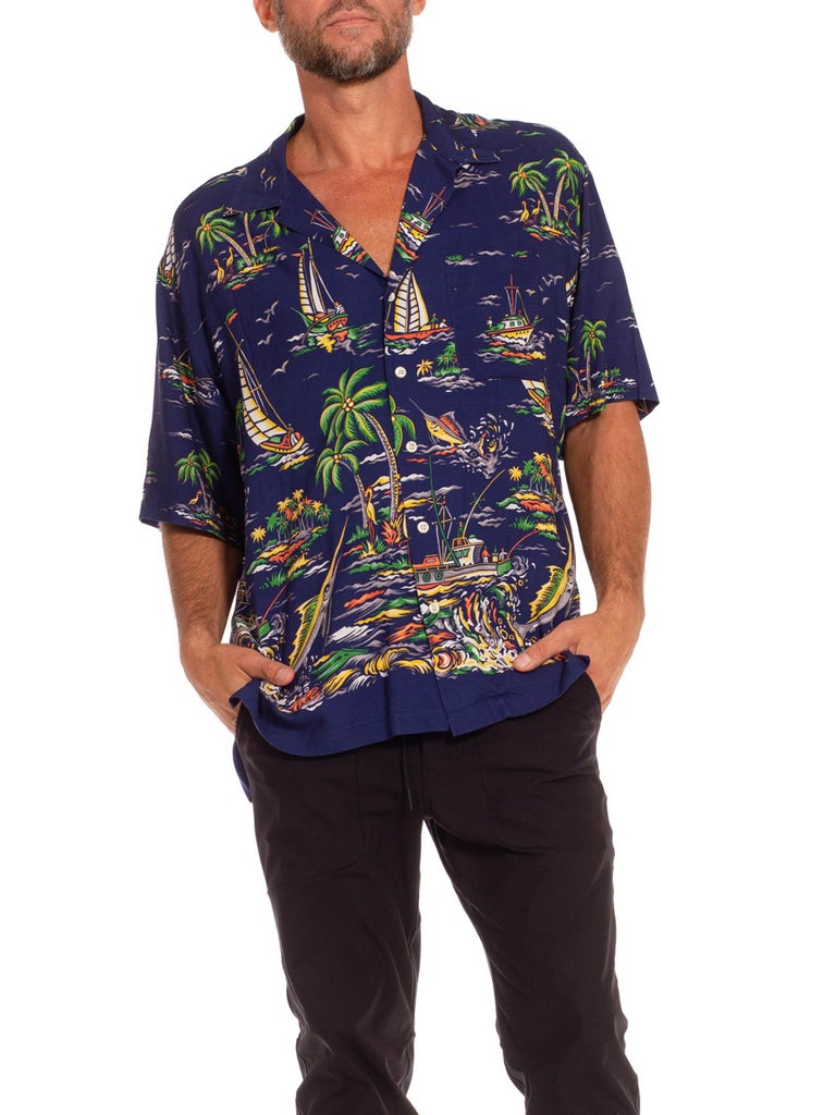 2010S Ralph Lauren Navy Blue Rayon 1940S Tropical Border Print Men's ...