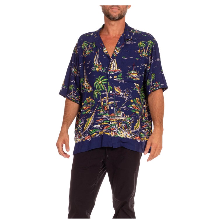 2010S Ralph Lauren Navy Blue Rayon 1940S Tropical Border Print Men's ...
