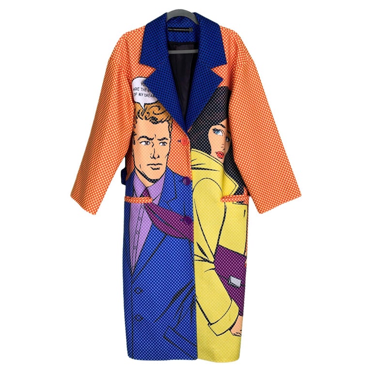 2010s Statement Designer Coat Pop Art Comic Book Cartoon All-Over Print ...