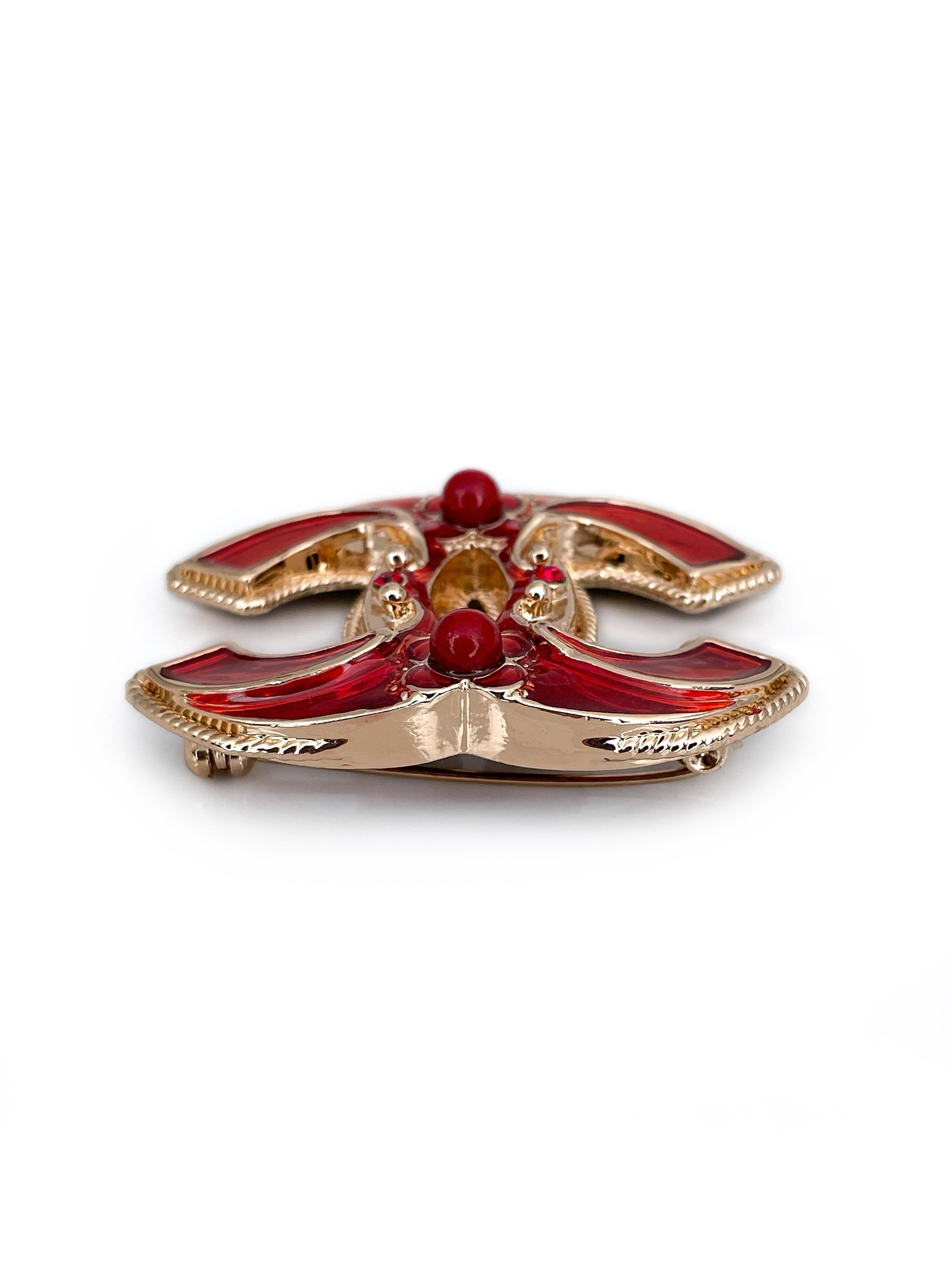2013 Chanel Ready-To-Wear CC Logo Red Orange Pin Brooch at 1stDibs