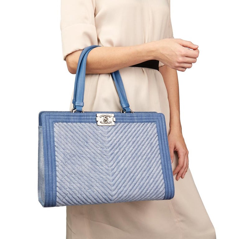 2015 Chanel Blue Chevron Quilted Denim Le Boy Tote at 1stDibs