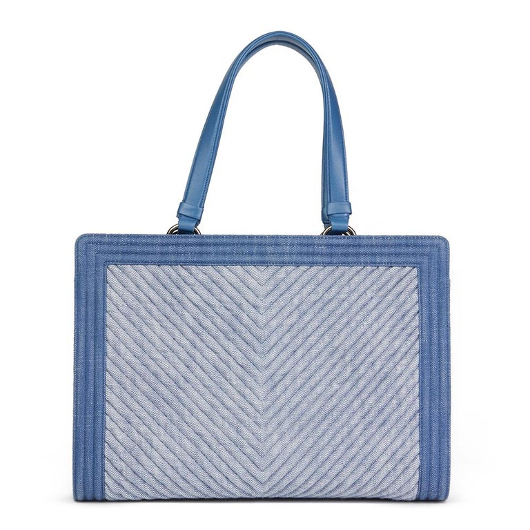 2015 Chanel Blue Chevron Quilted Denim Le Boy Tote at 1stDibs