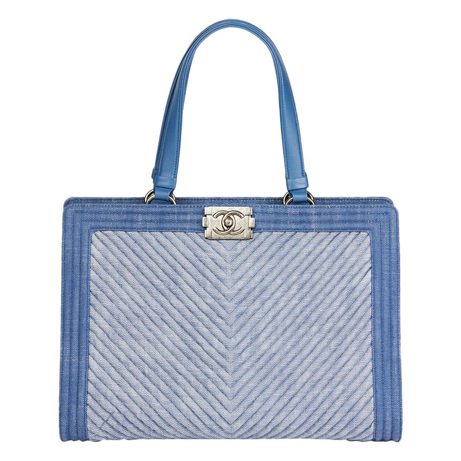 2015 Chanel Blue Chevron Quilted Denim Le Boy Tote at 1stDibs