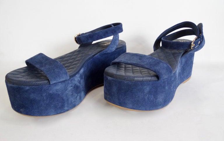 Chanel 2015 Blue Suede Platform Sandals at 1stDibs | chanel blue suede ...