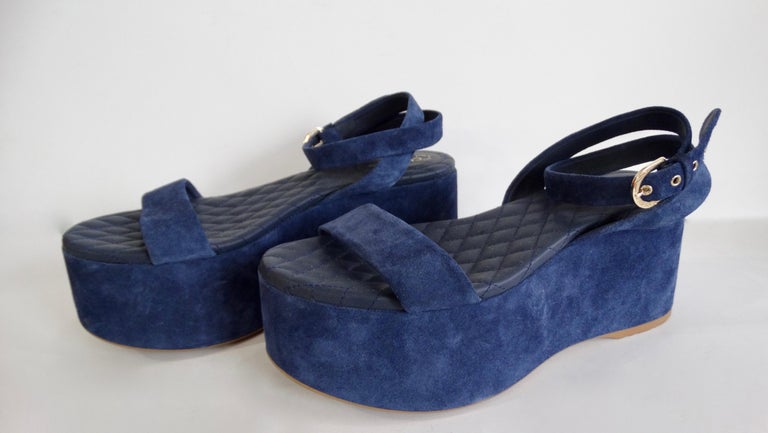 Chanel 2015 Blue Suede Platform Sandals at 1stDibs | chanel blue suede ...
