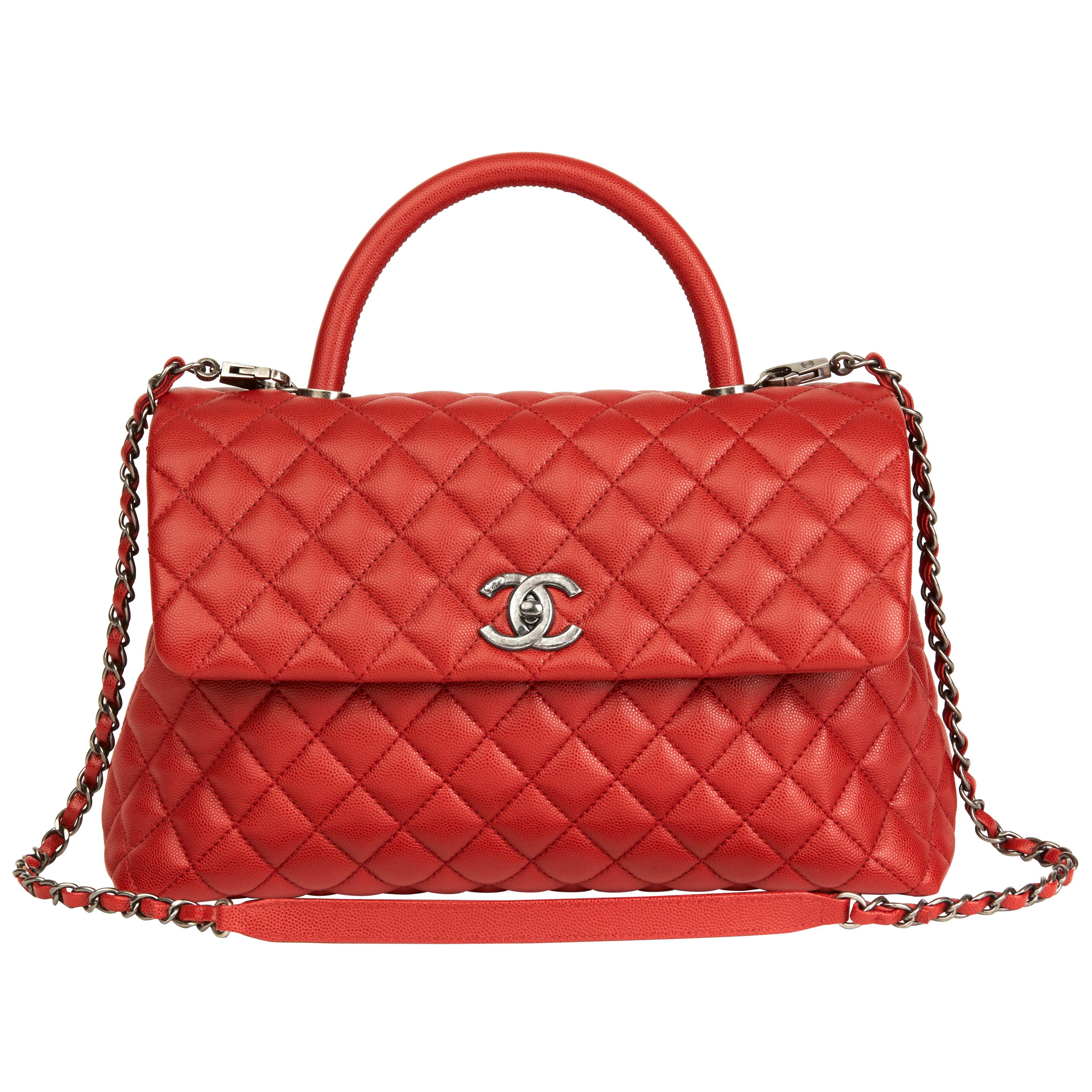 2016 Chanel Red Quilted Caviar Leather Medium Coco Handle at 1stDibs
