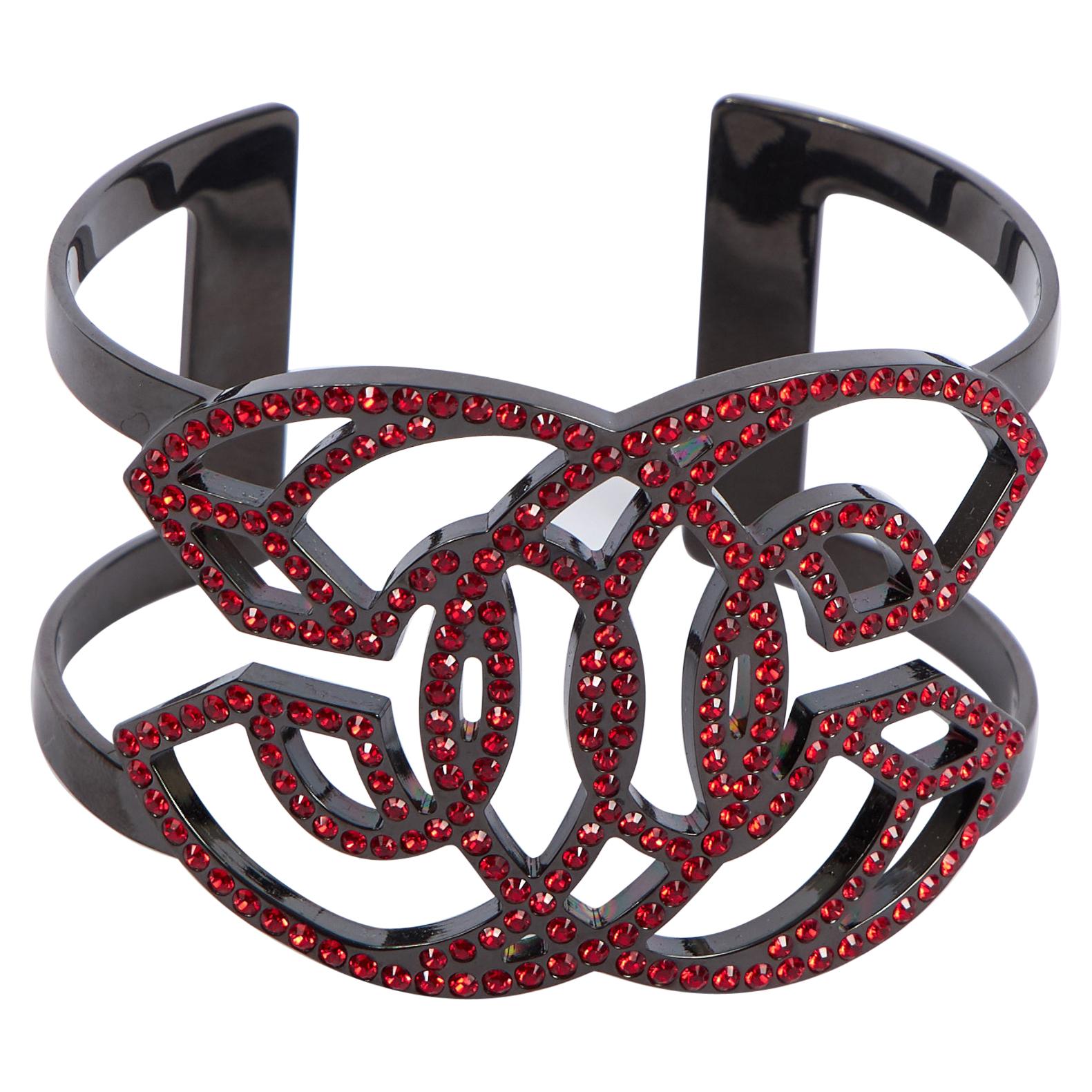 2017 Chanel Gunmetal and Red CC Rhinestone Cuff Bracelet at 1stDibs