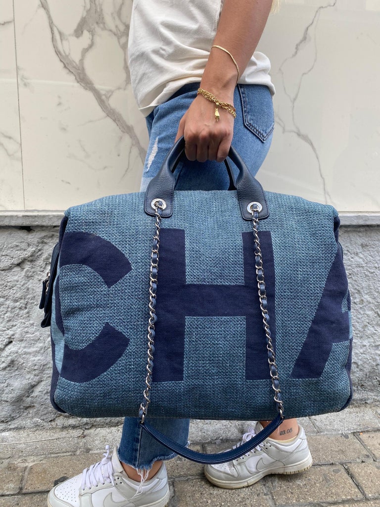 2018 Chanel Canvas Duffle Bag Blue For Sale at 1stDibs