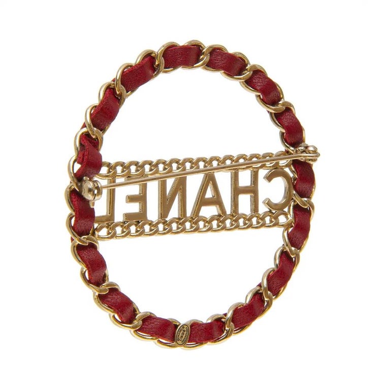 2018 Chanel gold tone Red leather brooch pin For Sale at 1stDibs