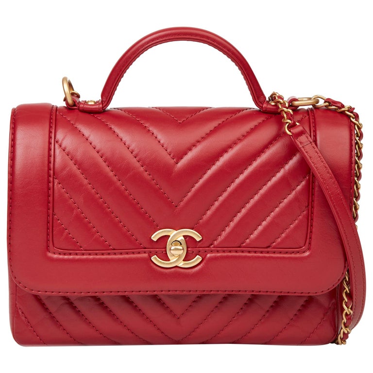 2018 Chanel Red Chevron Quilted Calfskin Leather Classic Top Handle ...