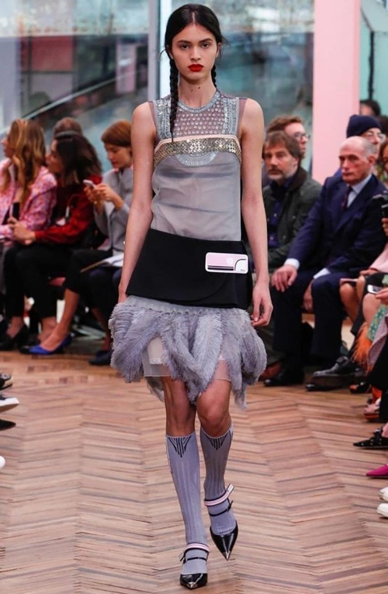 2018 PRADA OSTRICH FEATHER TRIMMED DRESS Sz IT 42 For Sale at 1stDibs