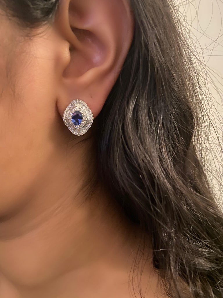 2.02 Carat Natural Royal Blue Sapphire and Diamond Stud Earrings For ...