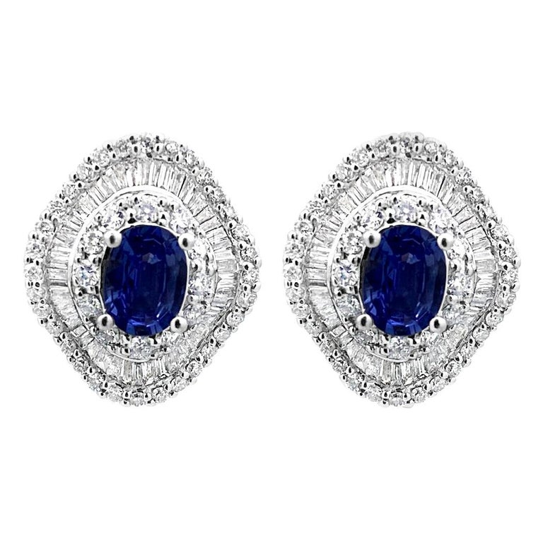 2.02 Carat Natural Royal Blue Sapphire and Diamond Stud Earrings For ...