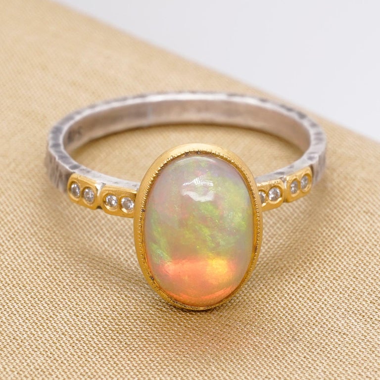 2.02 Ct Large, Stunning Opal Ring with Diamonds, 24kt Gold and Silver ...