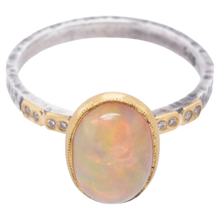 2.02 Ct Large, Stunning Opal Ring with Diamonds, 24kt Gold and Silver ...