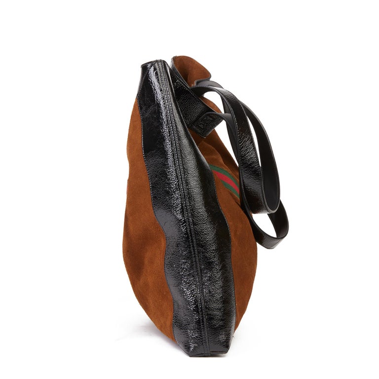 2020 Gucci Black Aged Patent Calfskin and Brown Suede Web Large ...