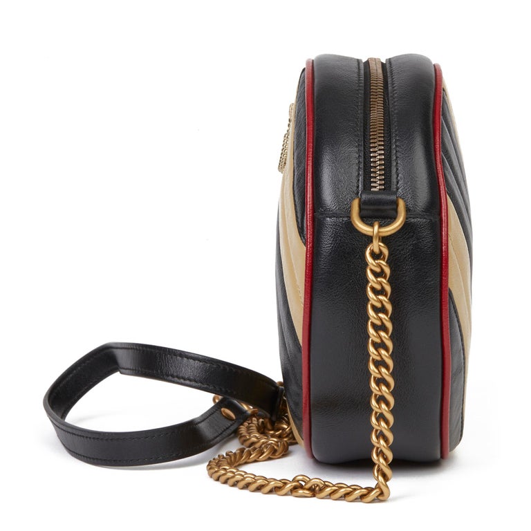 2020 Gucci Black, Cream and Red Diagonal Quilted Aged Calfskin Leather ...