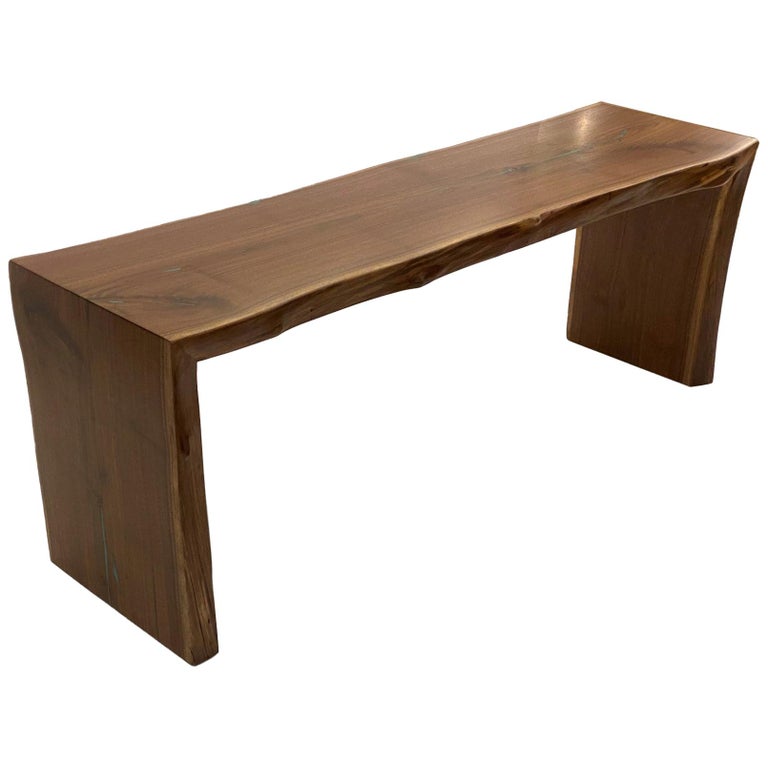 2020s Live Edge Walnut Slab Bench with Slab Legs Featuring Sky Blue ...