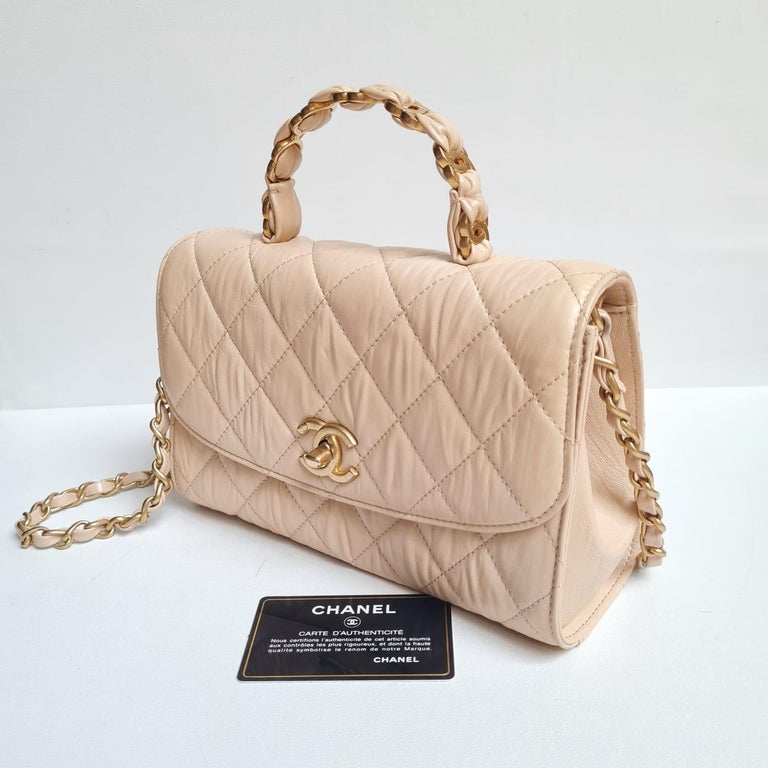 2021 Chanel Cream Crinkled Leather Top Handle Bag For Sale at 1stDibs